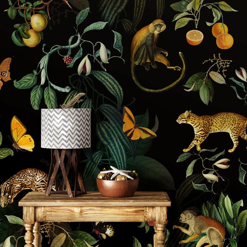 Dark Botanical Wallpaper With Monkeys Birds and Butterflies. - Etsy