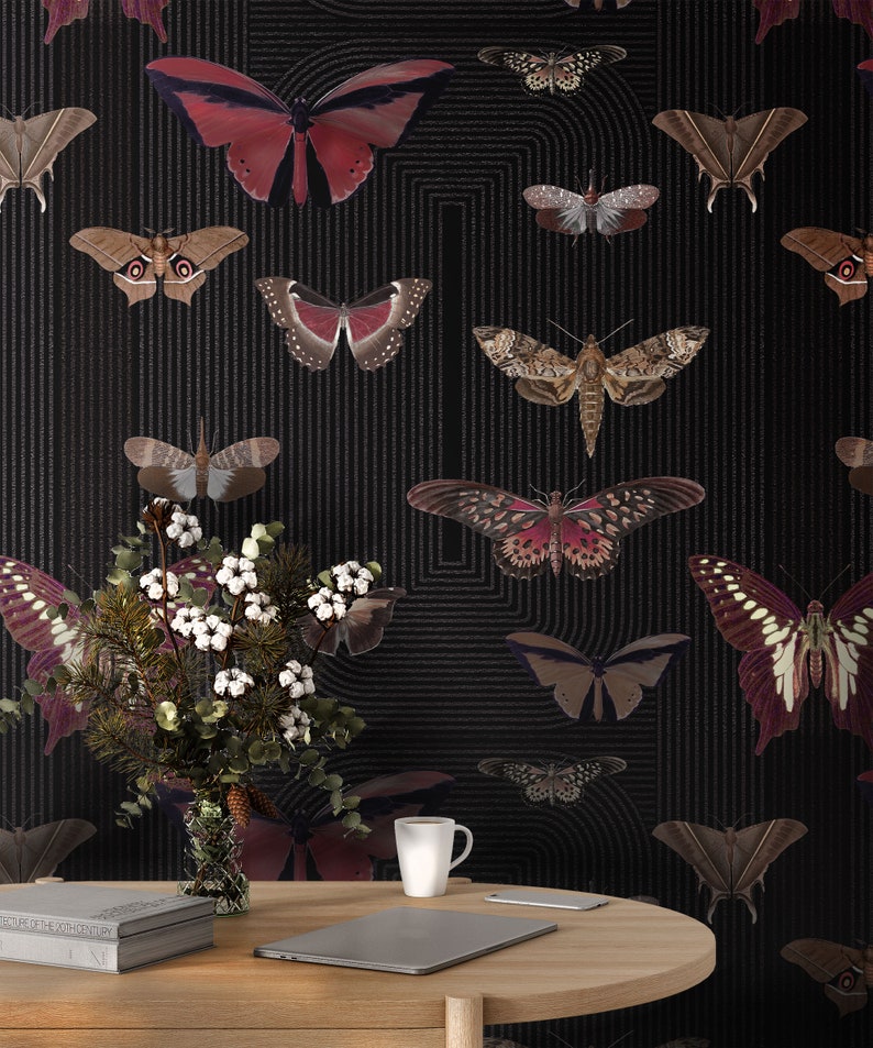 Botanical Wallpaper With Butterflies Dark Butterflies - Etsy