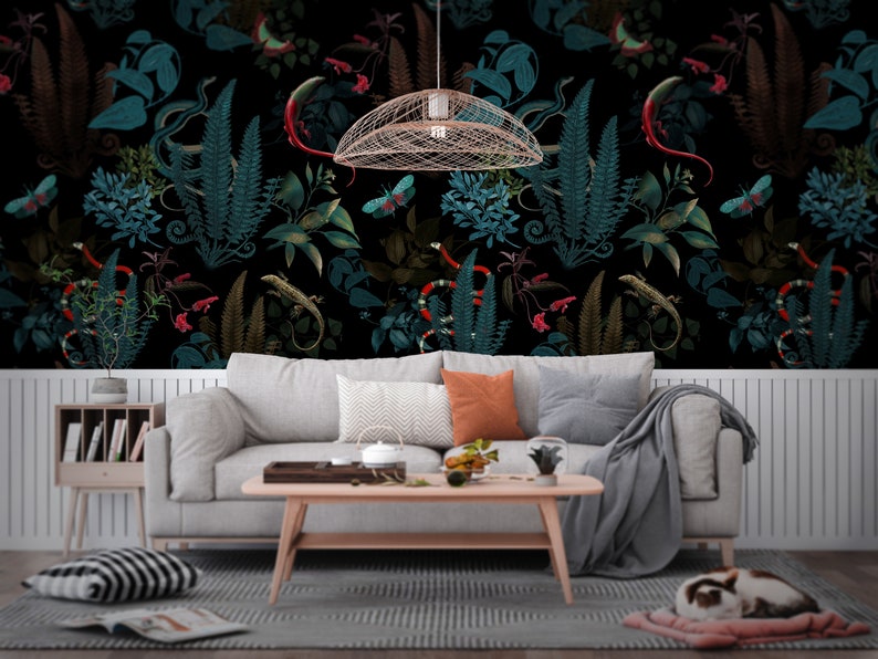 Dark Botanic Wallpaper Forest Print With Tropical Flowers - Etsy