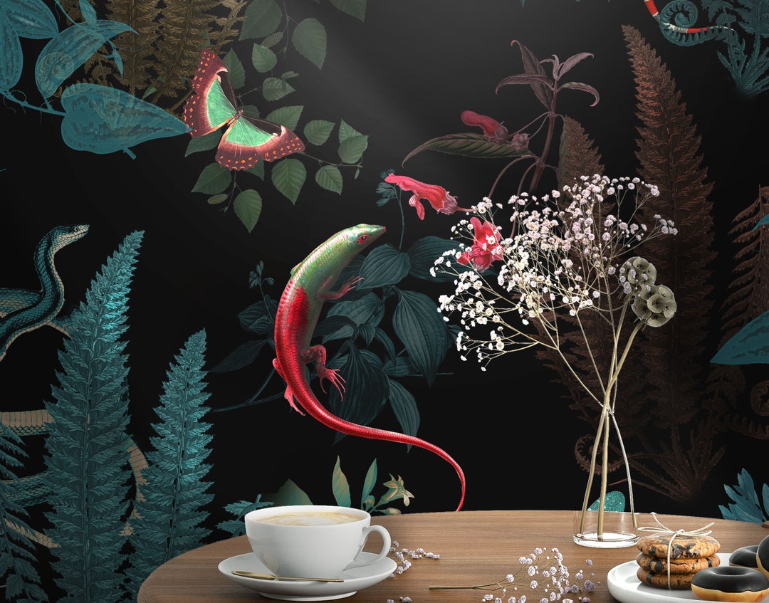 Dark Botanic Wallpaper, Forest Print With Tropical Flowers, Butterflies ...