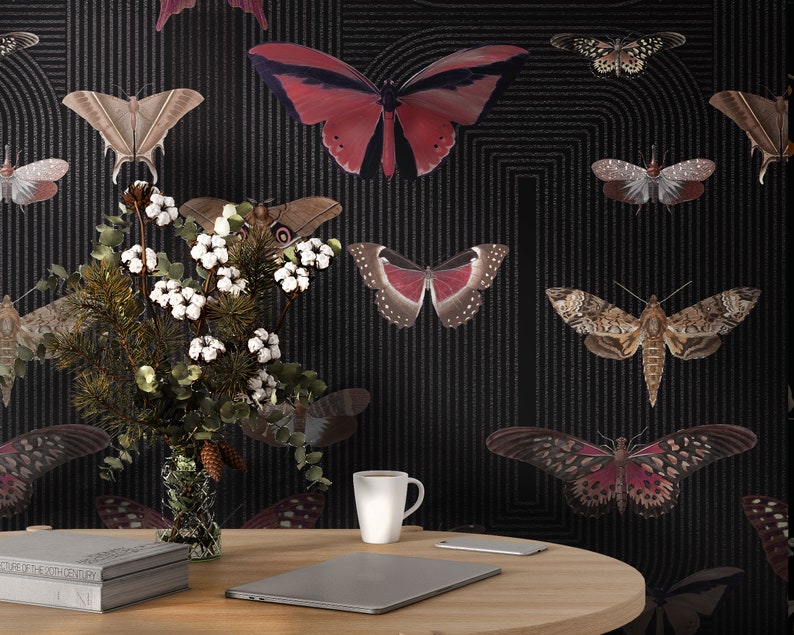 Botanical Wallpaper With Butterflies Dark Butterflies - Etsy