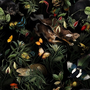Peel and Stick Vintage Dark Botanical Wallpaper With Rabbits, Mushrooms ...