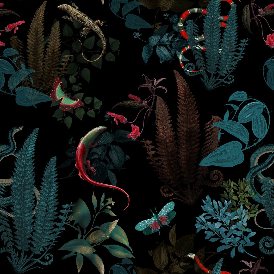 Dark Botanic Wallpaper Forest Print With Tropical Flowers - Etsy
