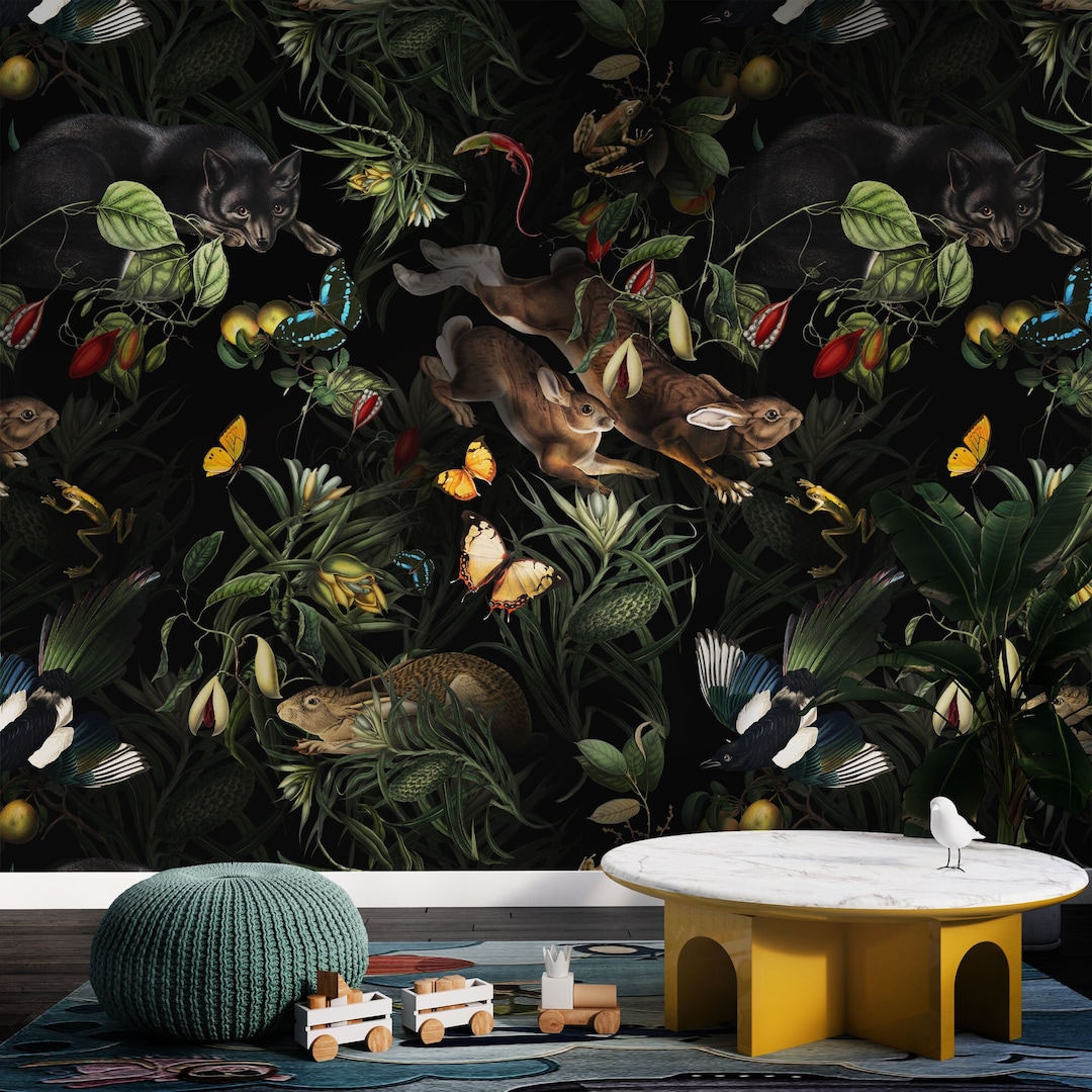Peel and Stick Vintage Dark Botanical Wallpaper With Rabbits, Mushrooms ...