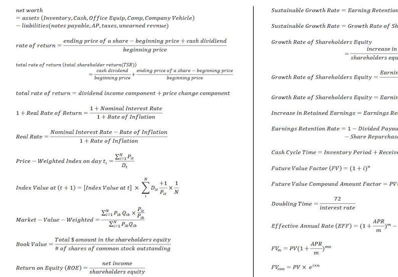 Printable Finance Formulas Cheatsheet - Etsy