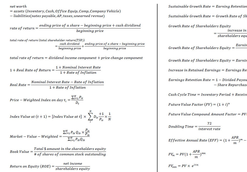 Printable Finance Formulas Cheatsheet - Etsy