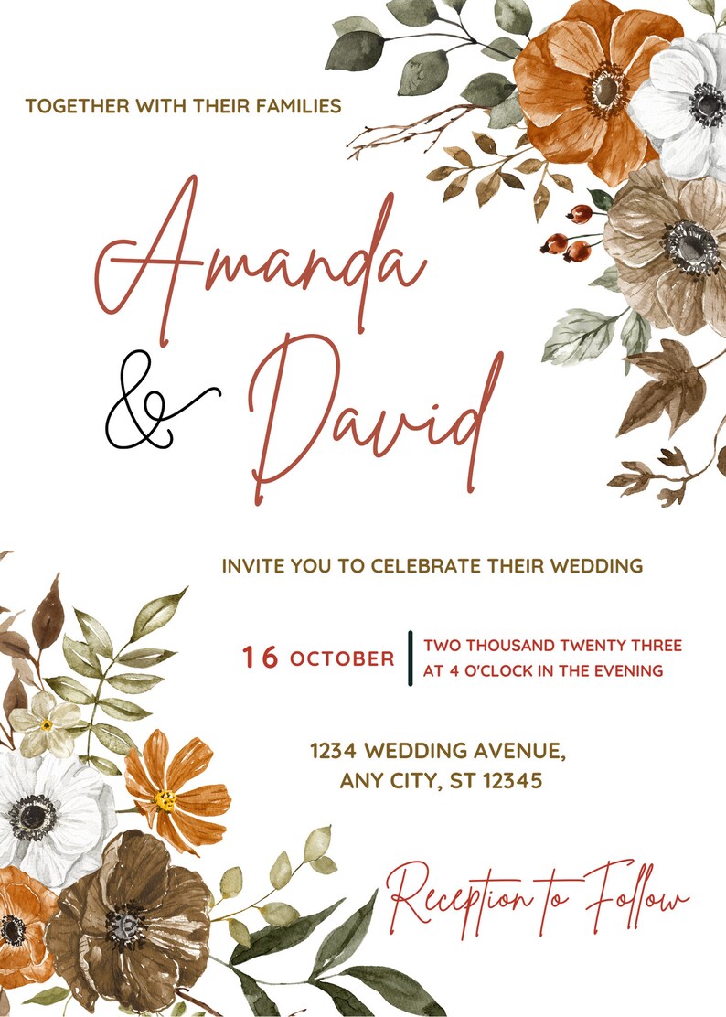 EDITABLE Fall Floral Wedding Invitation Template - Etsy