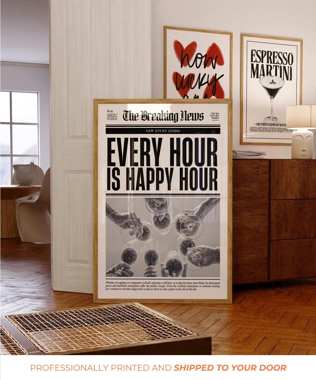 Happy Hour Newspaper Print Trendy Bar Cart Prints and Posters Wall Art ...