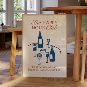 Bar Cart Prints Happy Hour Club Poster Retro Wall Art Kitchen Decor Red ...