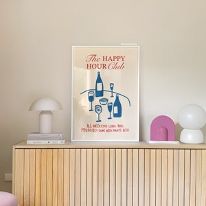 Bar Cart Prints Happy Hour Club Poster Retro Wall Art Kitchen Decor Red ...