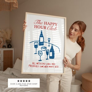 Bar Cart Prints Happy Hour Club Poster Retro Wall Art Kitchen Decor Red ...