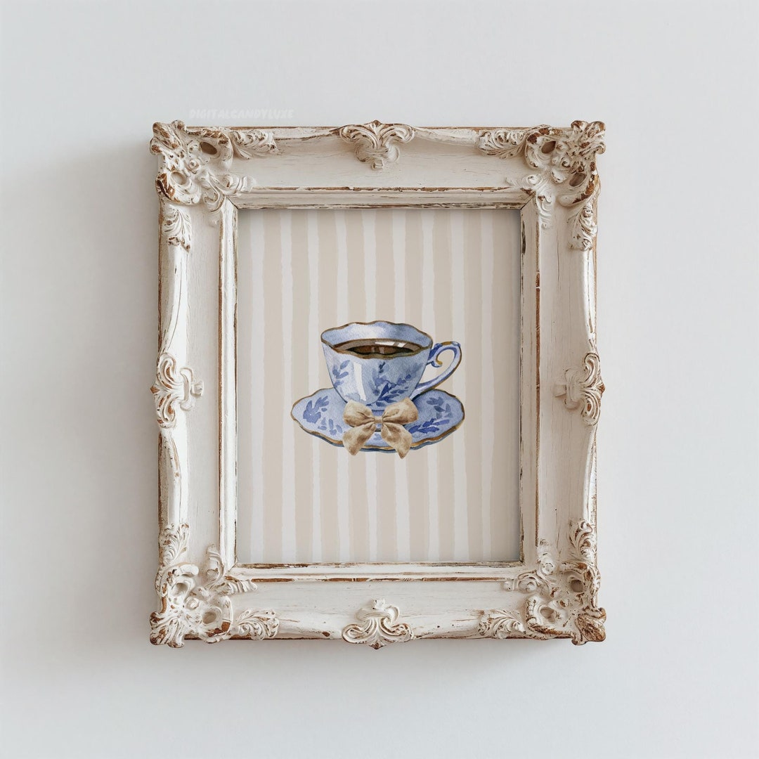 Vintage Tea Cup Print Beige Wall Art Prints Blue Printable Art Vintage ...