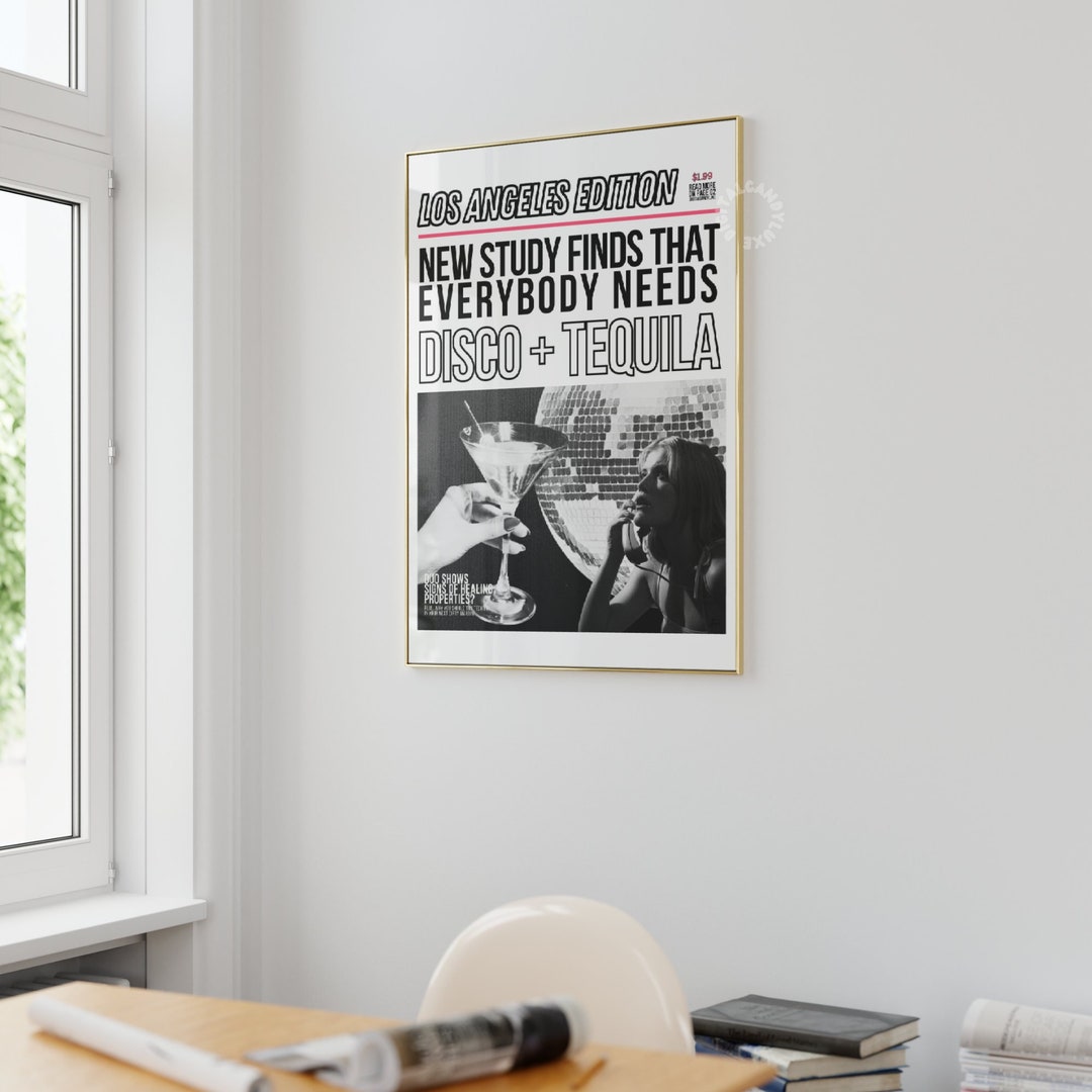 Disco and Tequila Print Trendy Wall Art Prints Retro Newspaper Poster ...