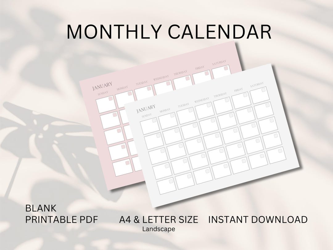 Blank Monthly Calendar Printable, Pink & Grey, A4 Landscape, US Letter ...