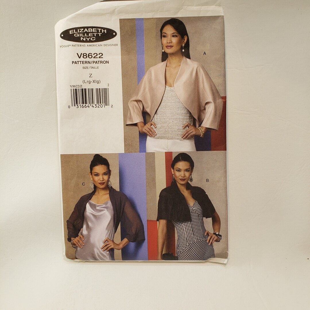 Vogue 8622 Sewing Patter, Elizabeth Gillett NYC Cut to Size XL Jacket, Bolero, Shrug, or UNCUT ...