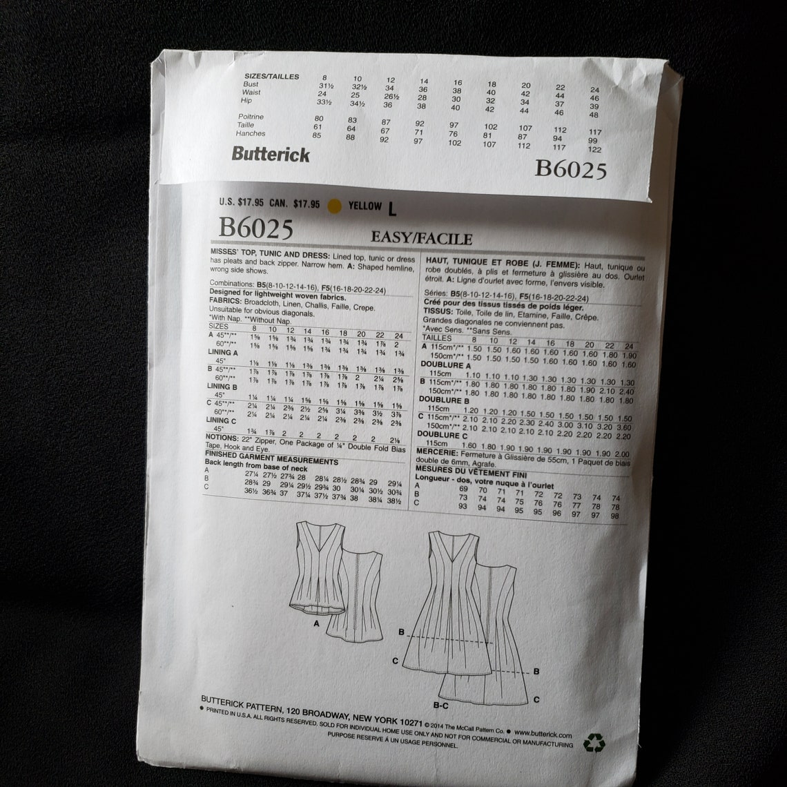 Butterick 6025 Sewing Pattern for Easy Misses Top, Tunic, and Dress ...