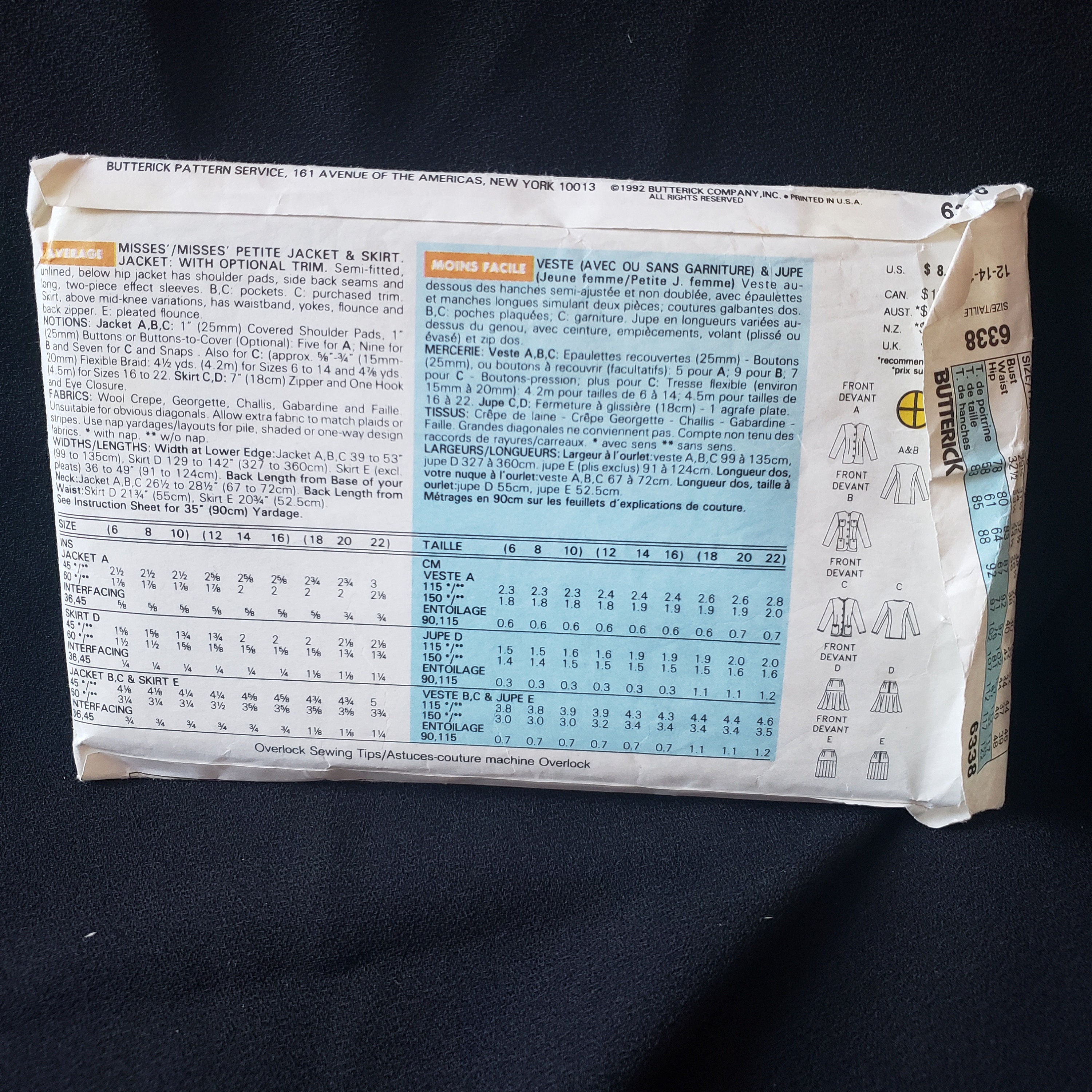 Butterick 6338 Sewing Pattern for Jacket and Skirt, Semi Fitted Below ...