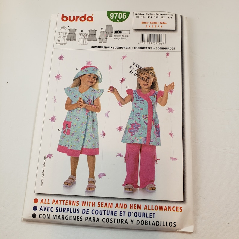 Burda 9706 Sewing Pattern for Girls Wrap Dress, Top, Pants and Hat ...