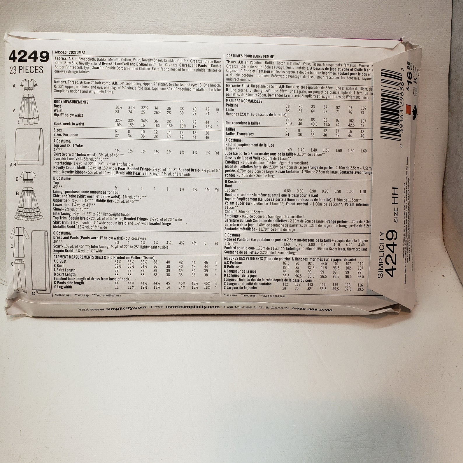 Simplicity 4249, Sewing Pattern for Costume, Womens Size 12, Middle ...