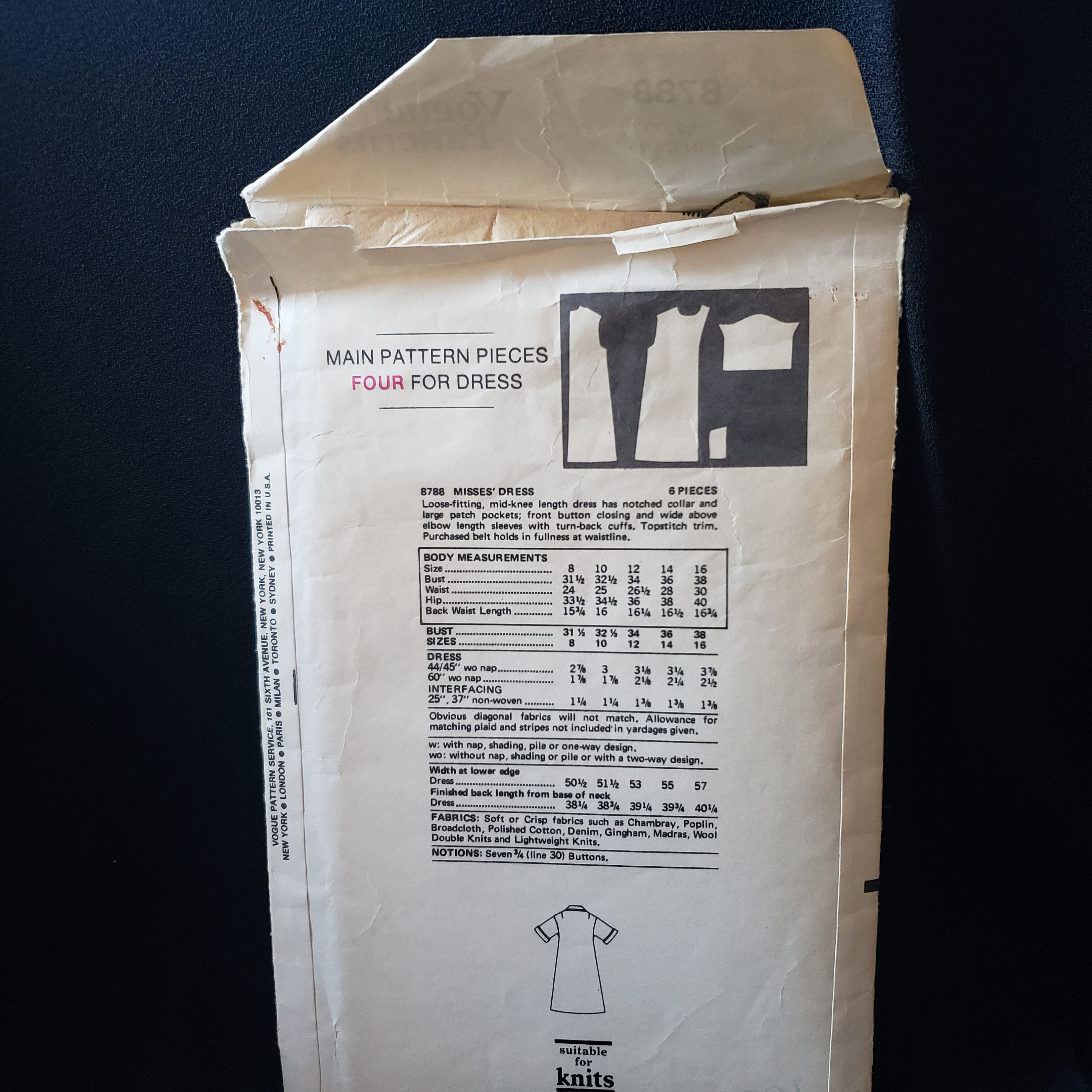 Vogue 8788 Sewing Pattern, Shirt Dress, Vintage 4 Pattern Pieces ...