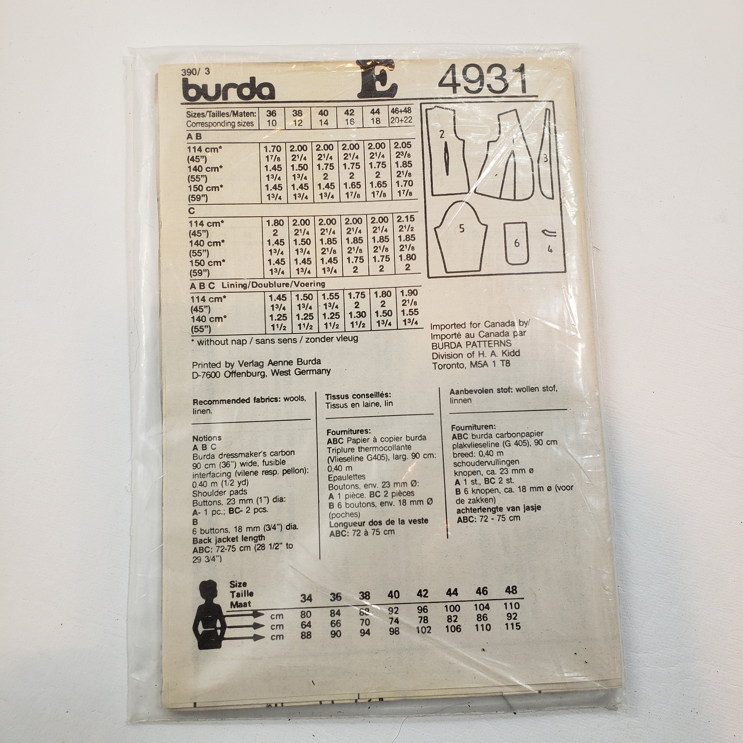Burda 4931 Sewing Pattern for Classic Vintage 90's Jacket, UNCUT FF ...
