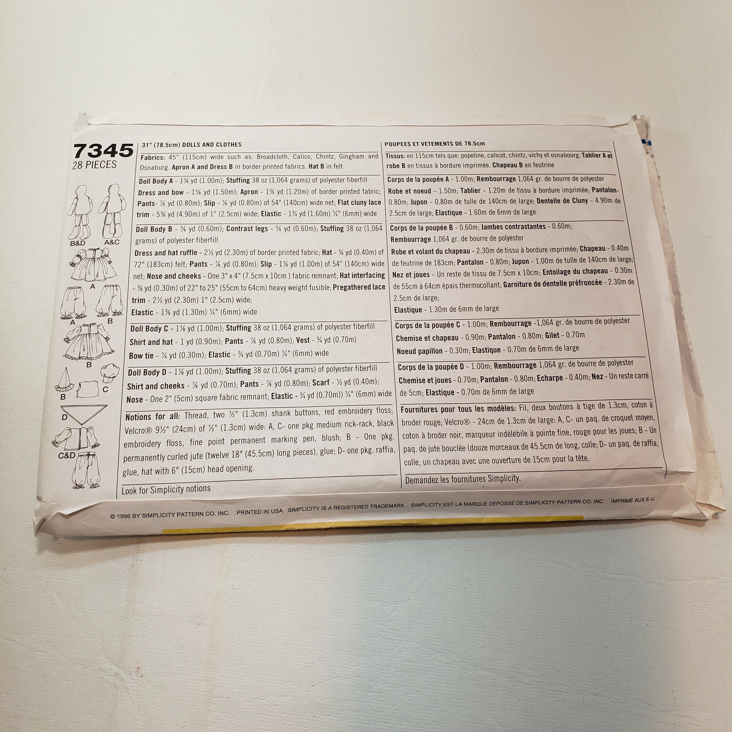 Simplicity 7345 Craft Sewing Pattern for 31 Inch Dolls and Clothes ...