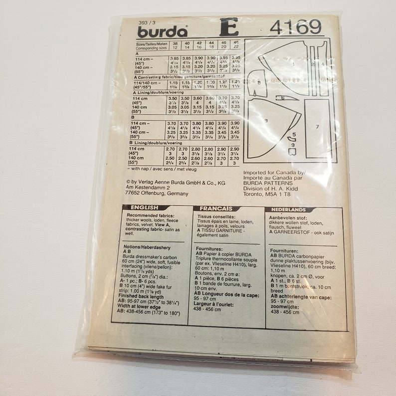 Burda 4169 Rare Sewing Pattern for Cape , Hooded or Scarf Collar ...