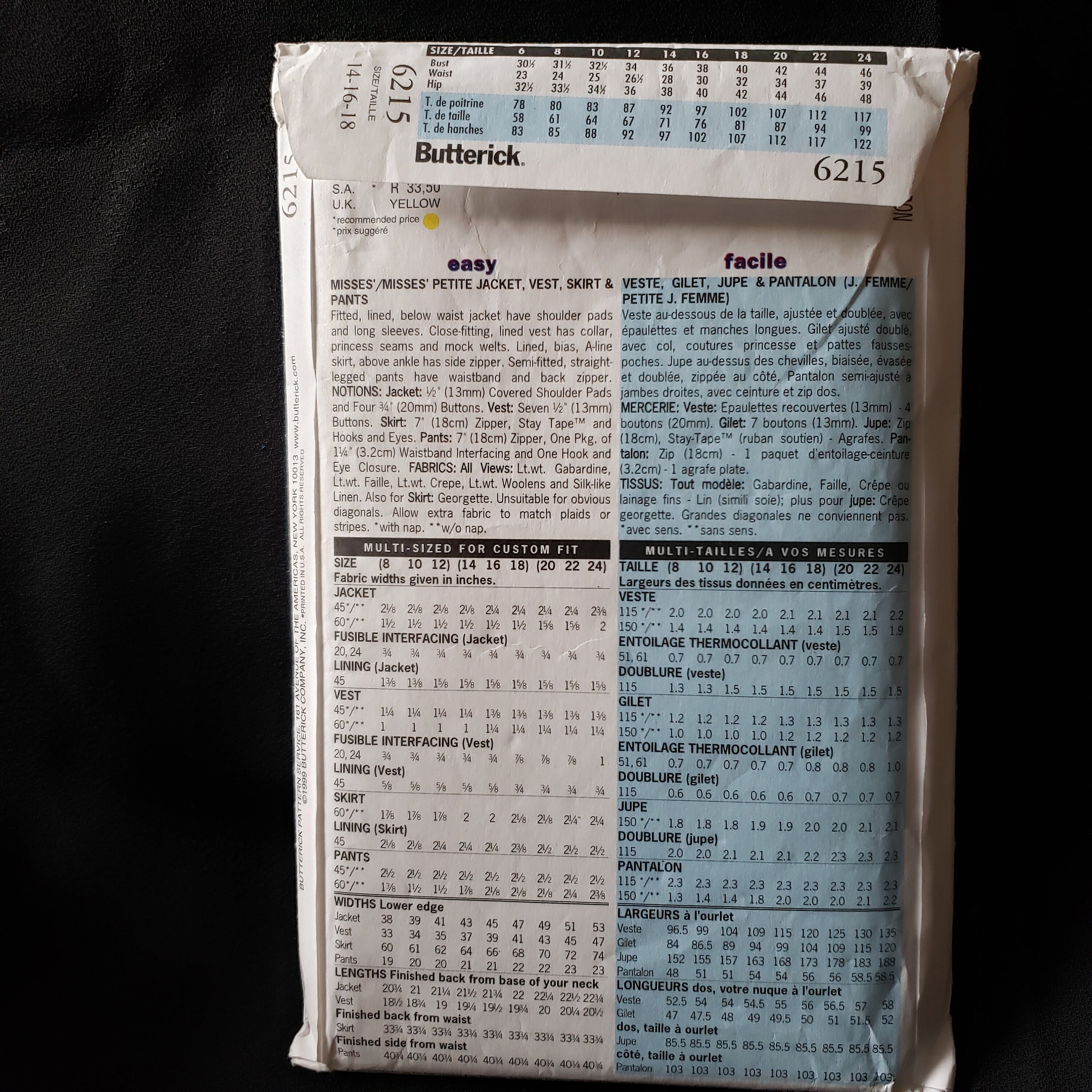 Butterick 6215 Sewing Pattern for a Suit – Jacket, Vest, Skirts, Pants ...