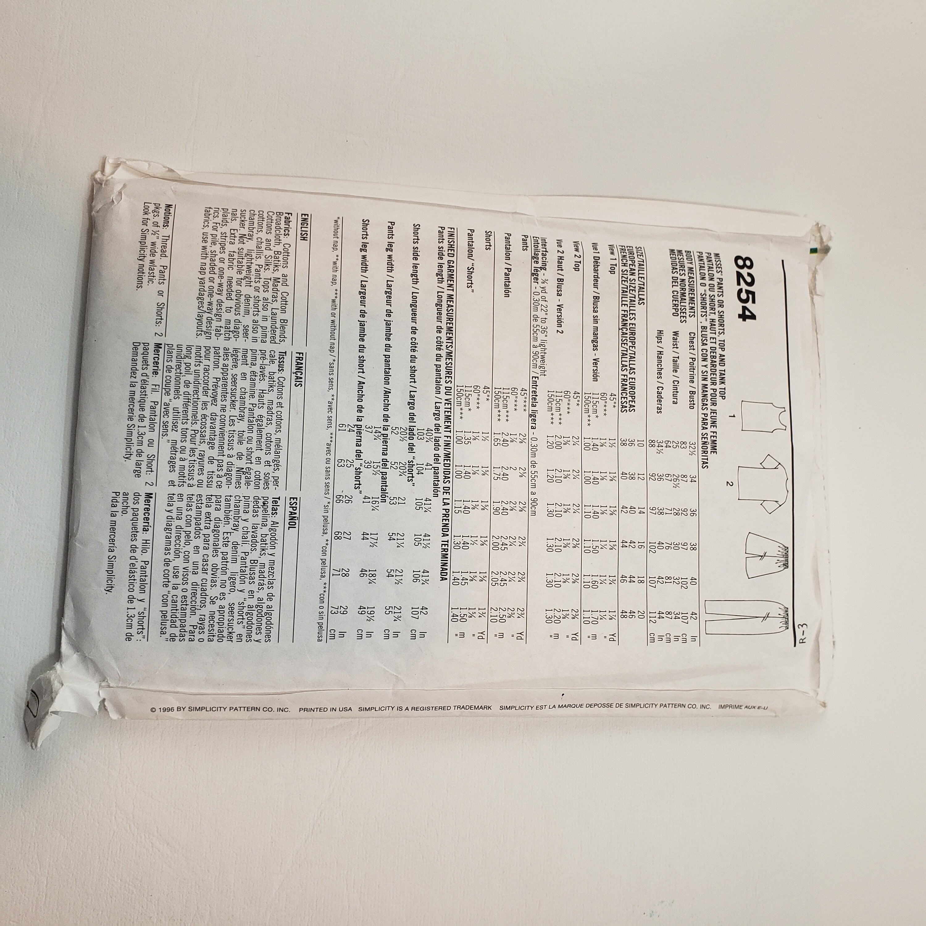 Simplicity 8254 Sewing Pattern From 1992. Misses' Pants or Shorts, Top ...