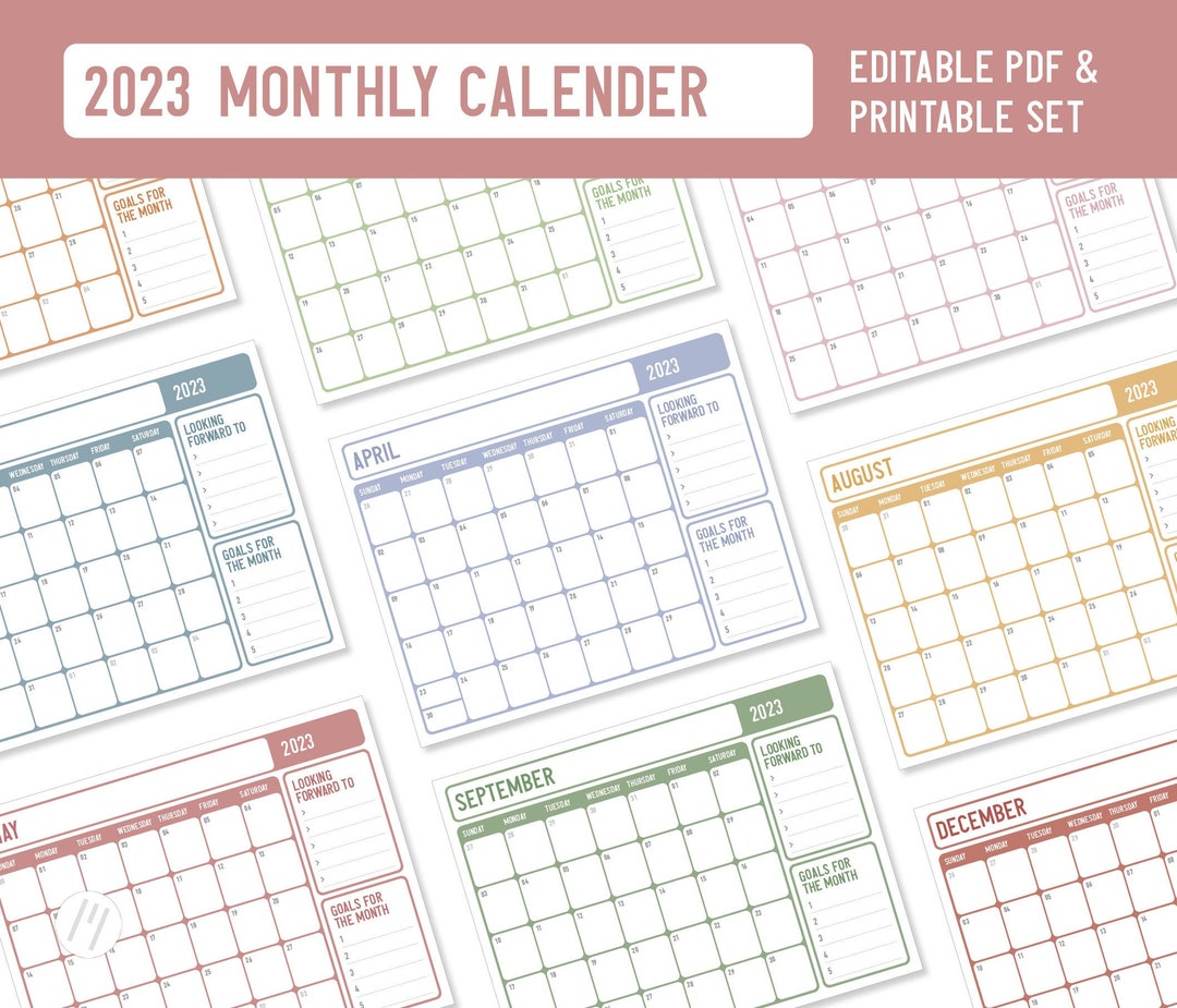 2022 2023 Printable Calendar Editable PDF. Monthly Landscape - Etsy