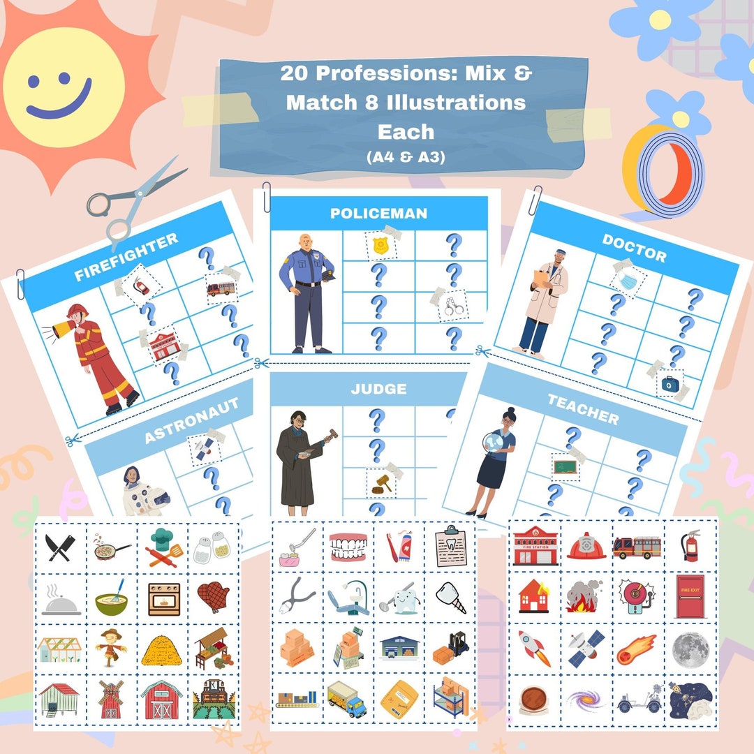 Printable Professions Game for Kids –20 Professions With 8 Mix & Match ...