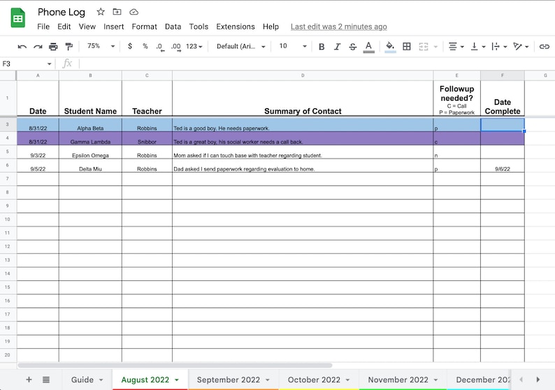 Phone Log Google Spreadsheet - Phone Call Tracker Template - Etsy