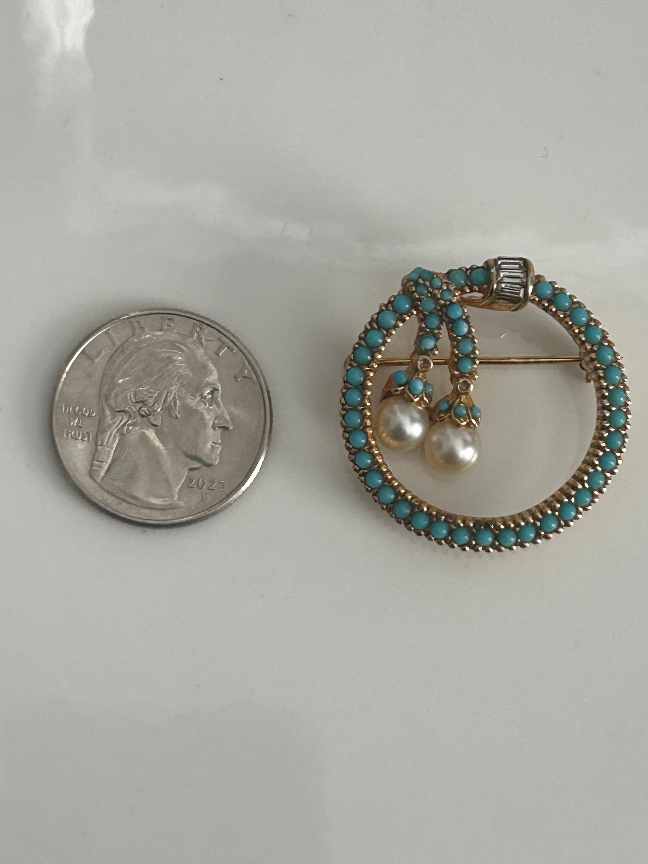 Vintage Ciner Brooch. Gold Plated With Faux Turquoise, Pearls, and ...