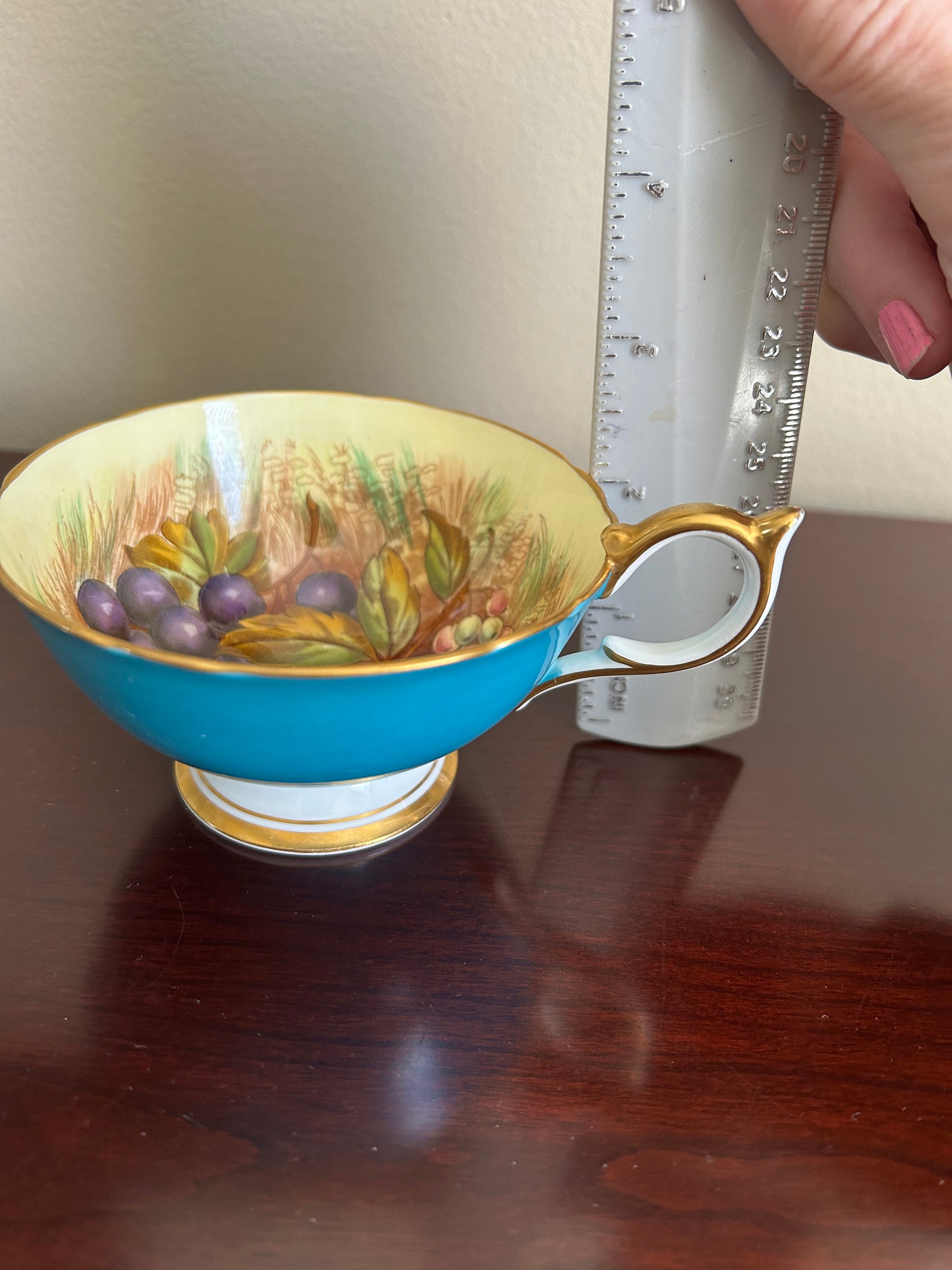 Aynsley Orchard Fruit Doris Jones Tea Cup and Saucer. Aqua Blue With ...
