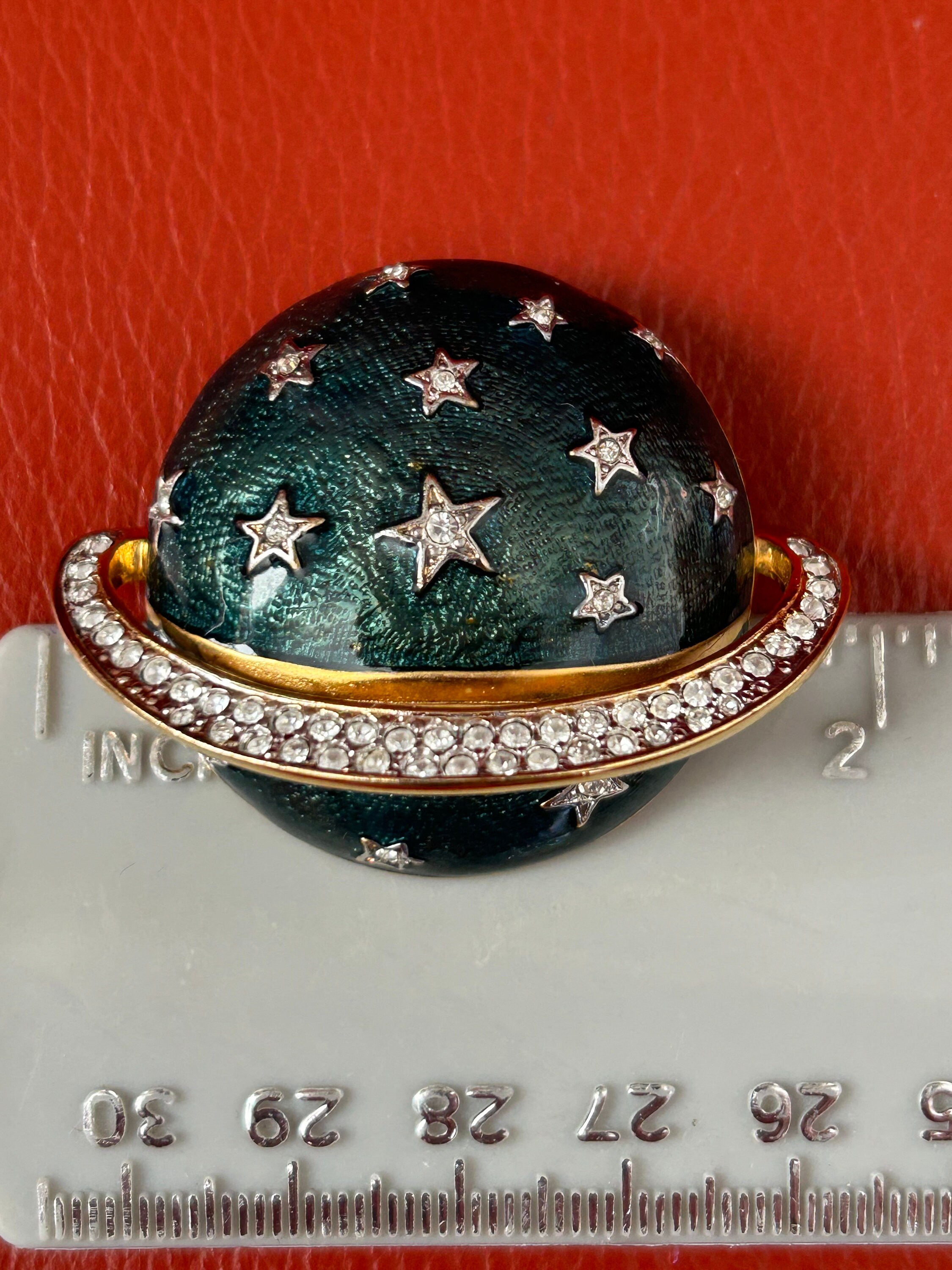 Vintage Butler & Wilson Celestial Saturn Green Enamel and Swarovski Crystal Gold Plated Brooch ...