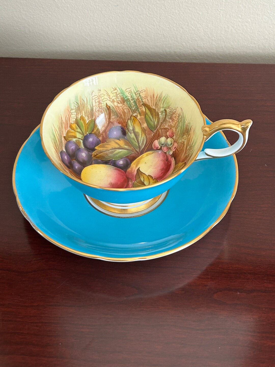 Aynsley Orchard Fruit Doris Jones Tea Cup and Saucer. Aqua Blue With ...