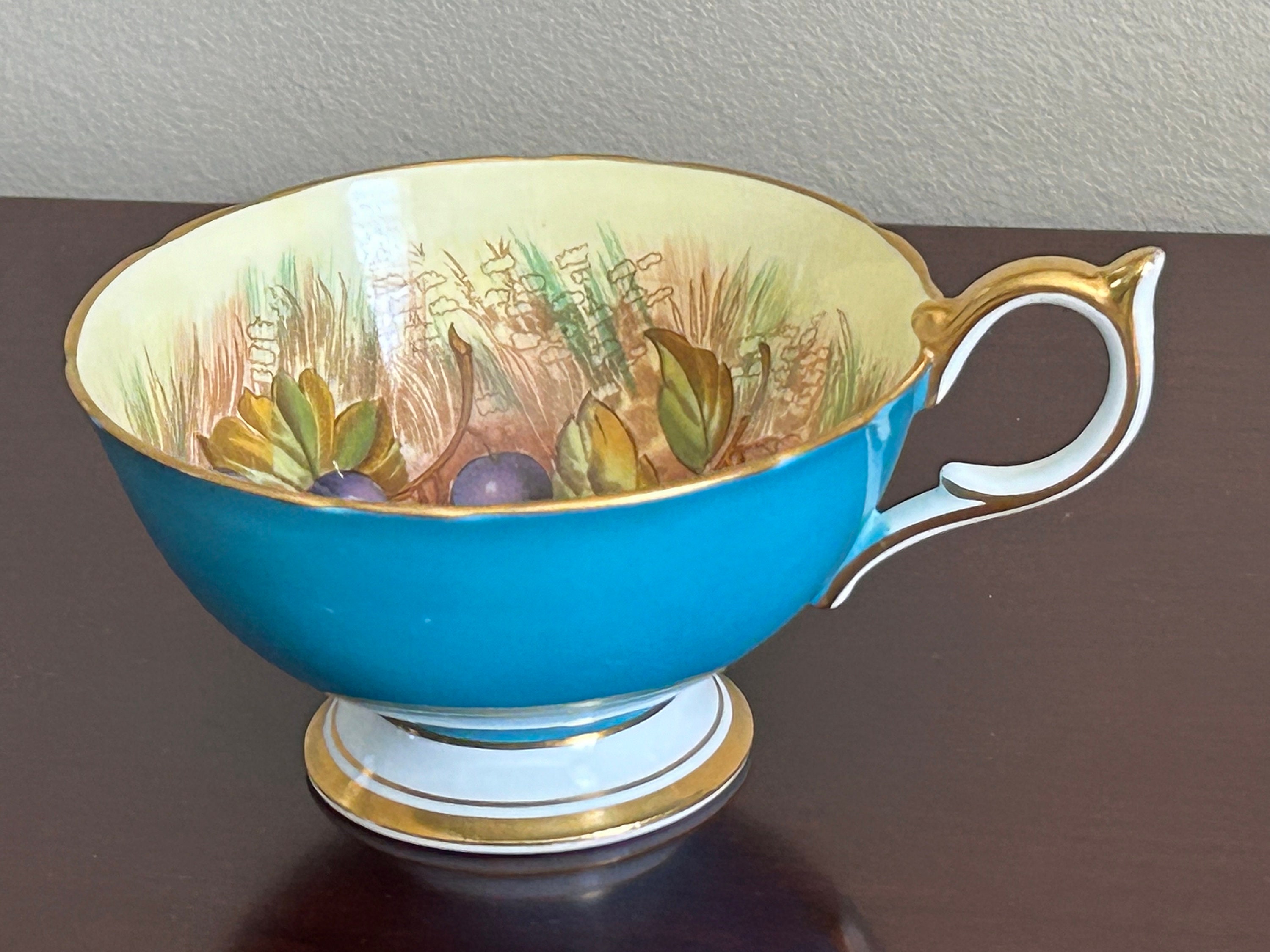 Aynsley Orchard Fruit Doris Jones Tea Cup and Saucer. Aqua Blue With ...