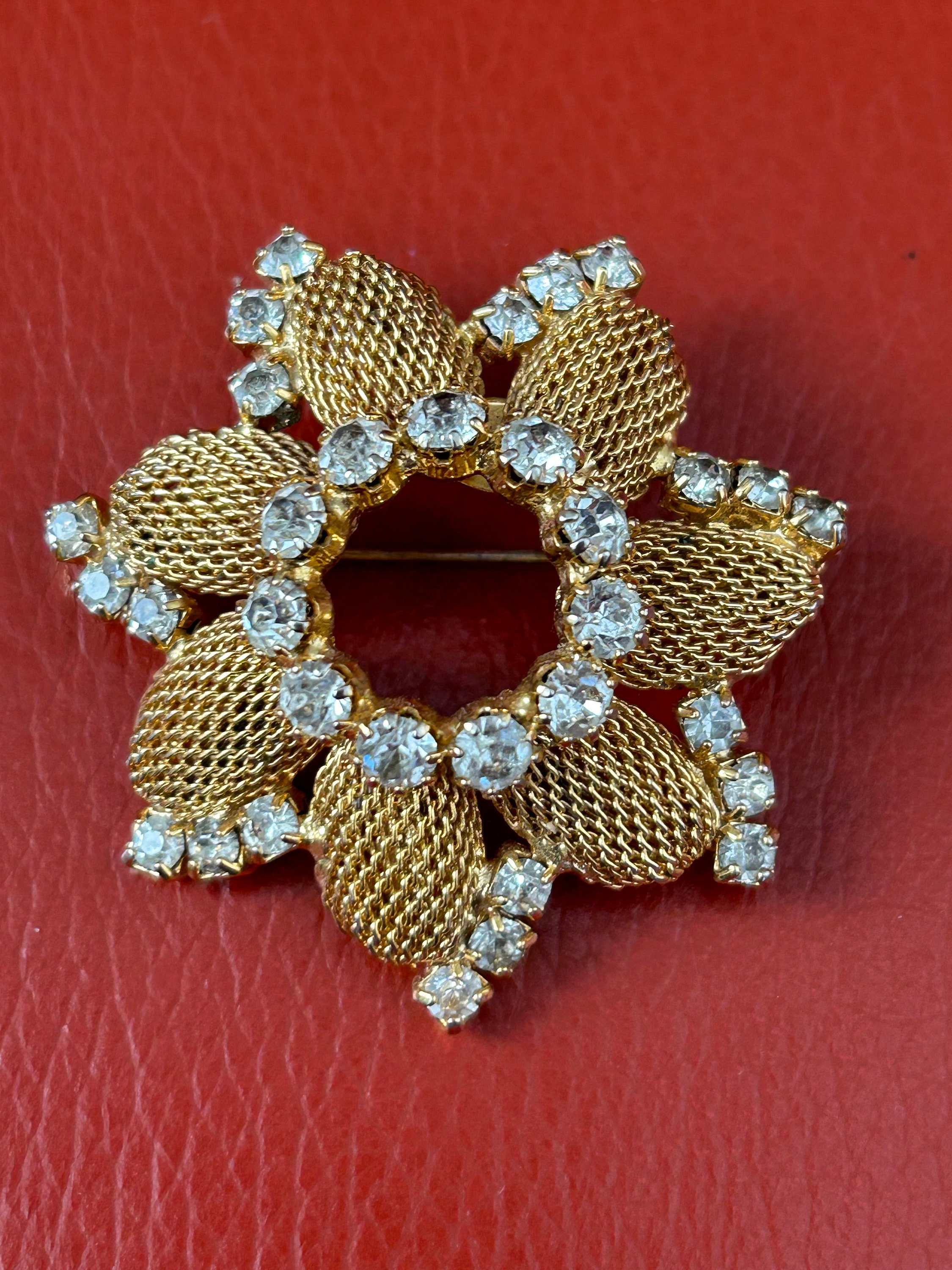 Rare Vintage Hobe Gold Mesh and Rhinestone Flower Brooch. Signed Pin ...
