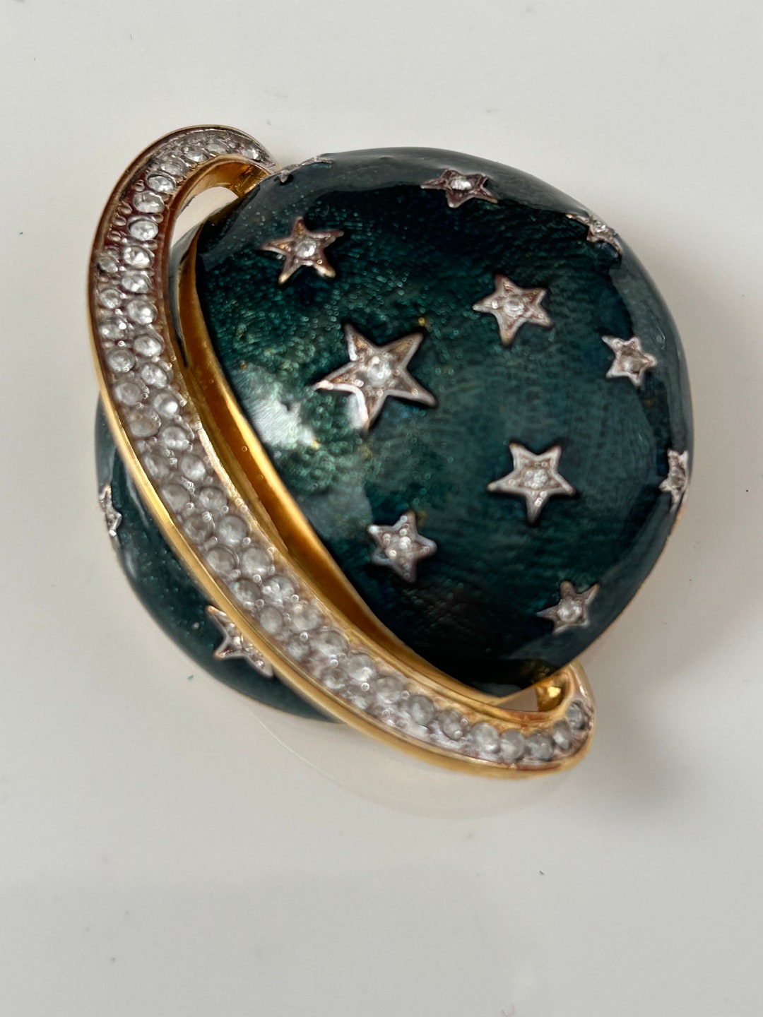 Vintage Butler & Wilson Celestial Saturn Green Enamel and Swarovski Crystal Gold Plated Brooch ...