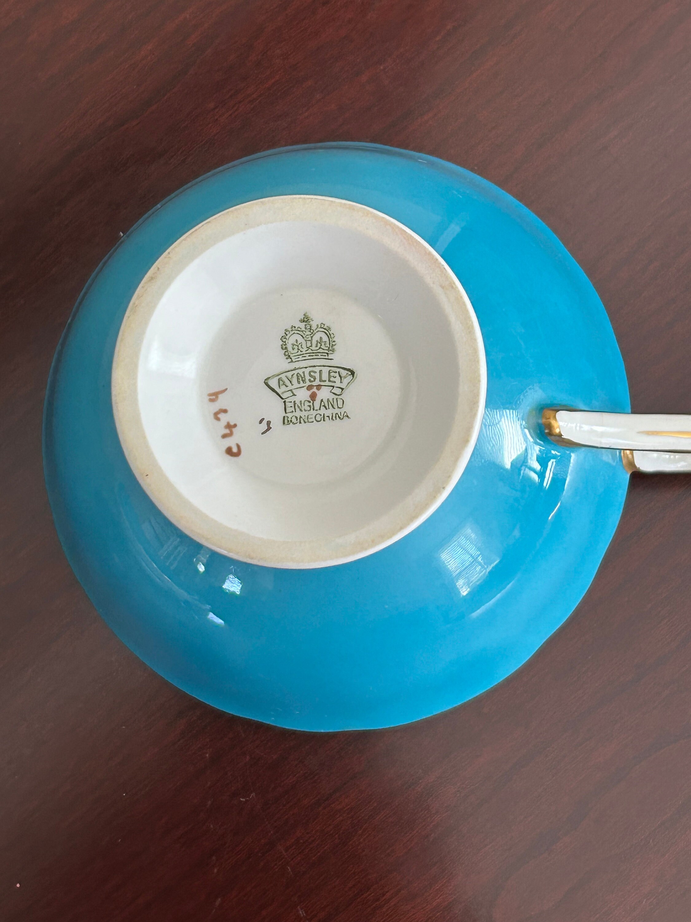 Aynsley Orchard Fruit Doris Jones Tea Cup and Saucer. Aqua Blue With ...