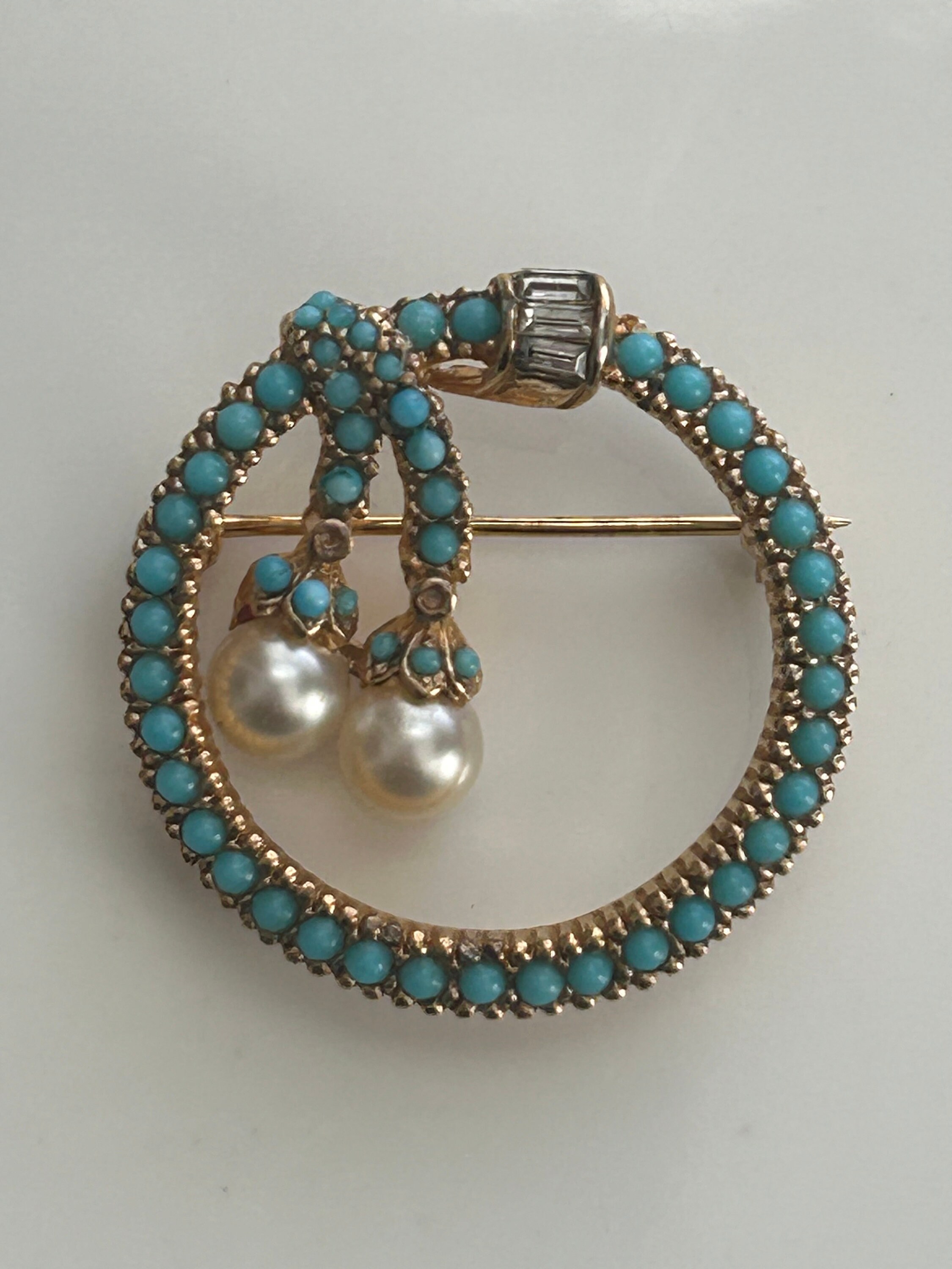 Vintage Ciner Brooch. Gold Plated With Faux Turquoise, Pearls, and ...