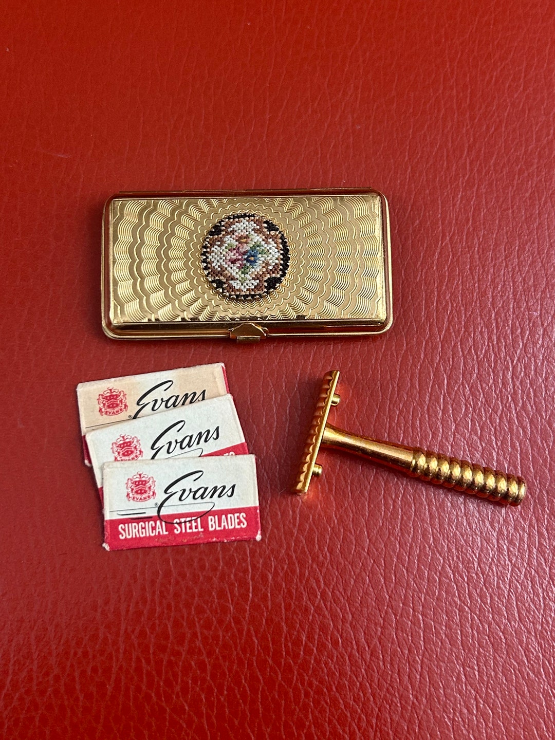 Vintage Miss Evan’s Little Shaver Kit in a Needle Point Gold Case ...