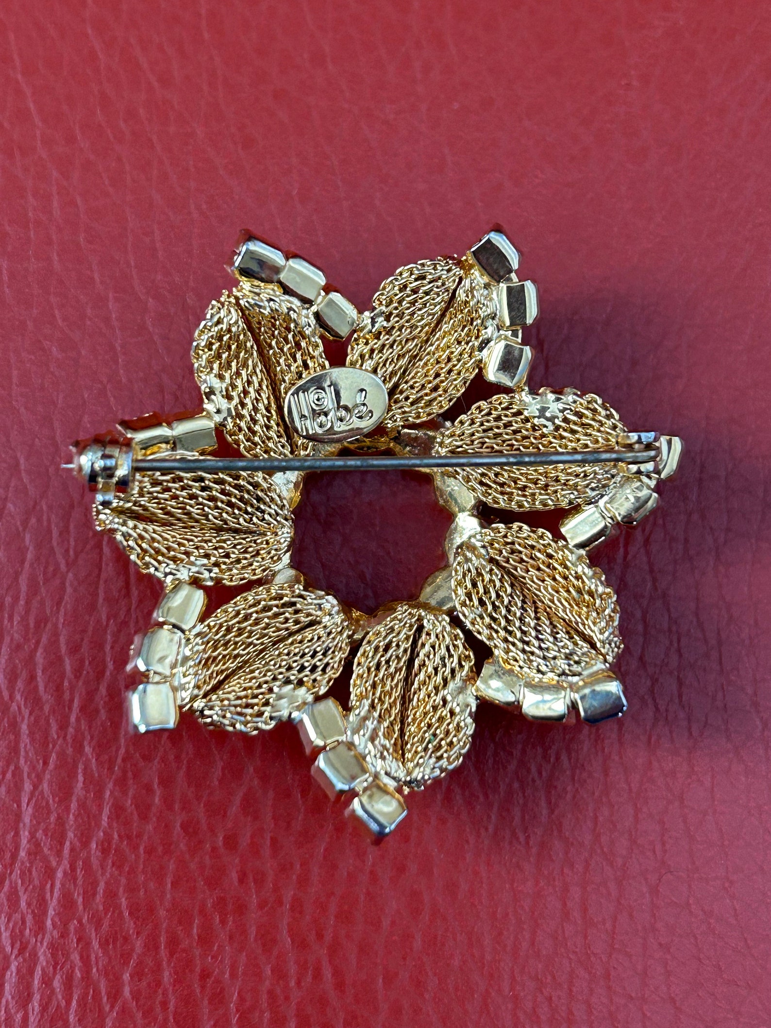 Rare Vintage Hobe Gold Mesh and Rhinestone Flower Brooch. Signed Pin ...