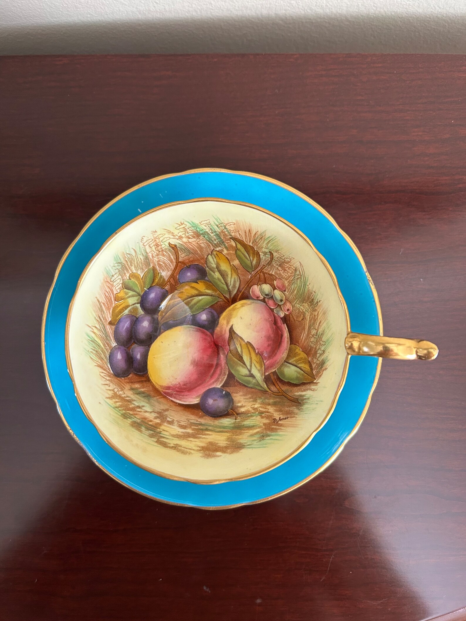 Aynsley Orchard Fruit Doris Jones Tea Cup and Saucer. Aqua Blue With ...