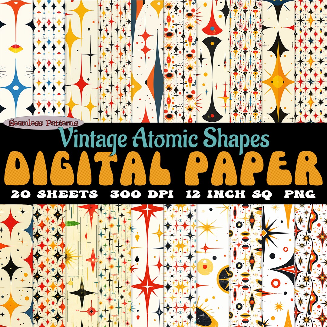 Mid-century Modern Vintage Atomic Shapes Digital Paper Set of 20 Retro ...