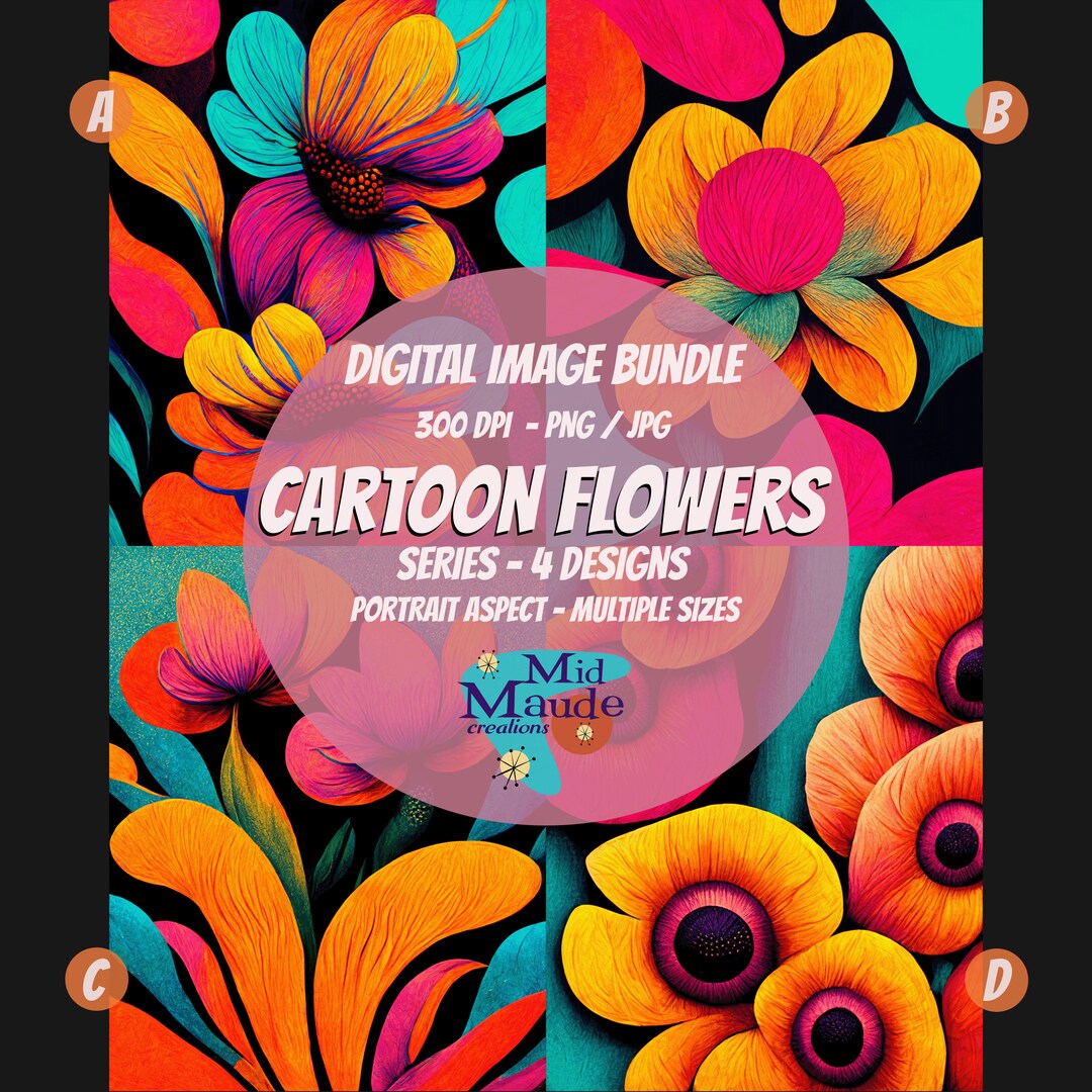 Cartoon Flowers Neon Series Set of 4 Downloadable Images Printable ...