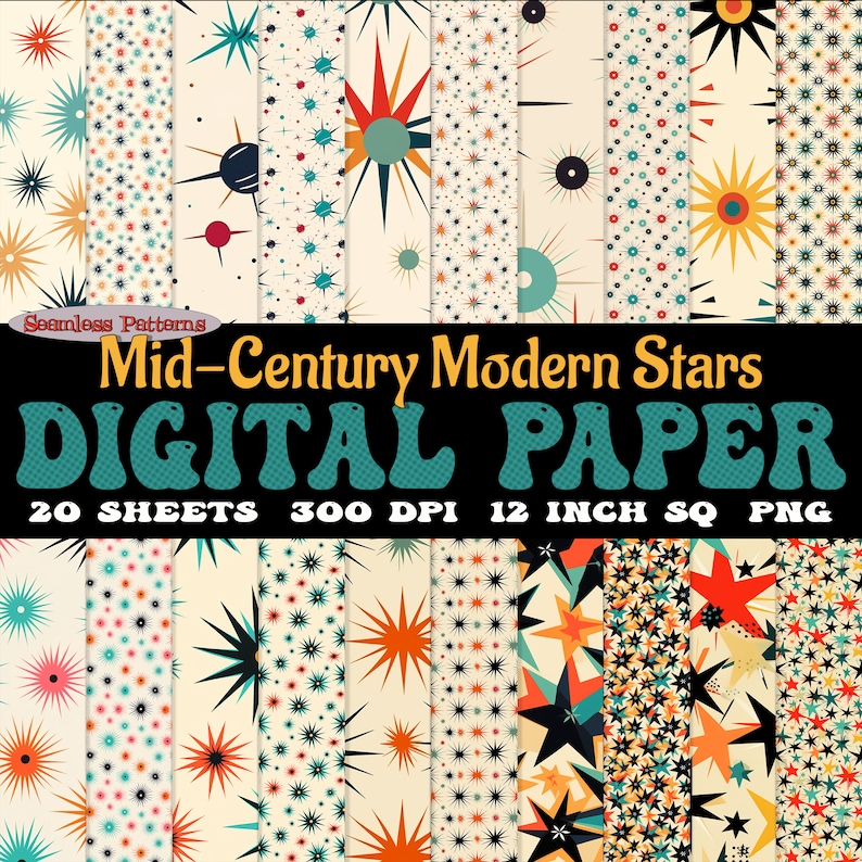 Mid-century Modern Stars Digital Paper Pack of 20 Retro Png ...