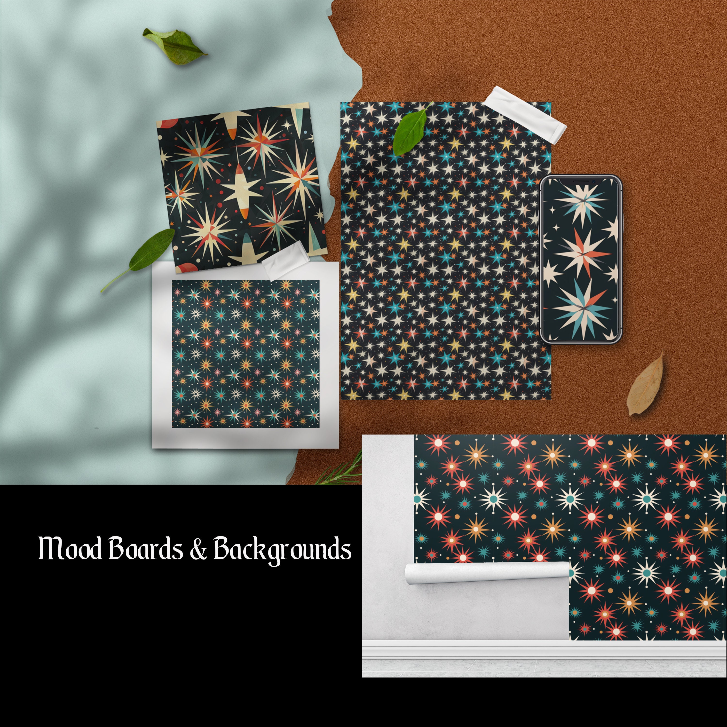 Mid-century Modern Dark Stars Digital Paper Pack of 20 Retro Png ...