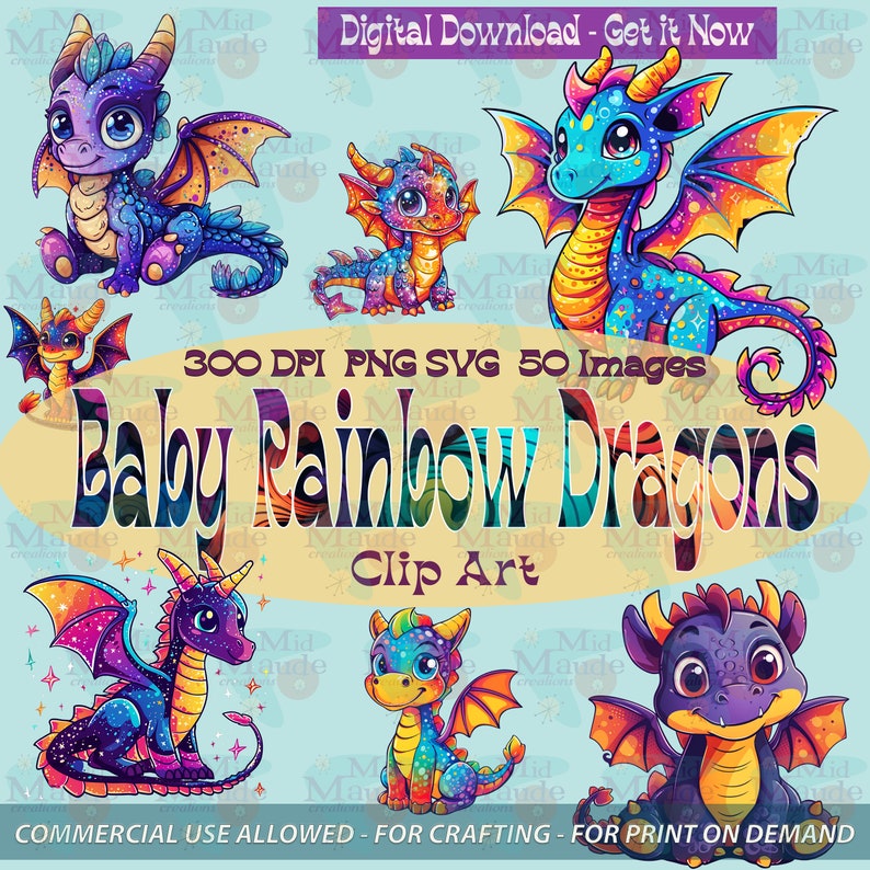 Baby Rainbow Dragons SVG Bundle | Clipart Set of 50 PNG Downloadable ...