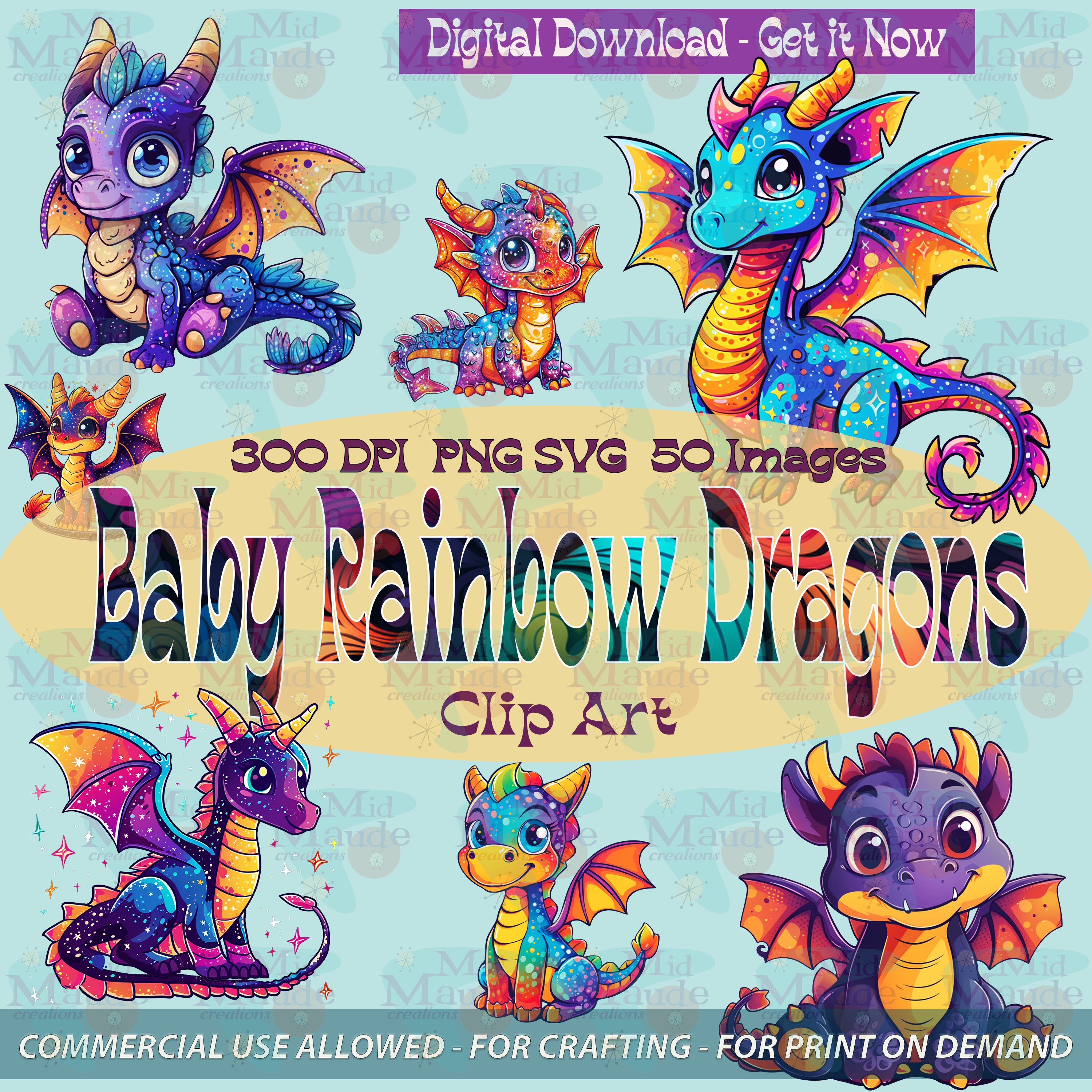 Baby Rainbow Dragons SVG Bundle Clipart Set of 50 PNG Downloadable ...
